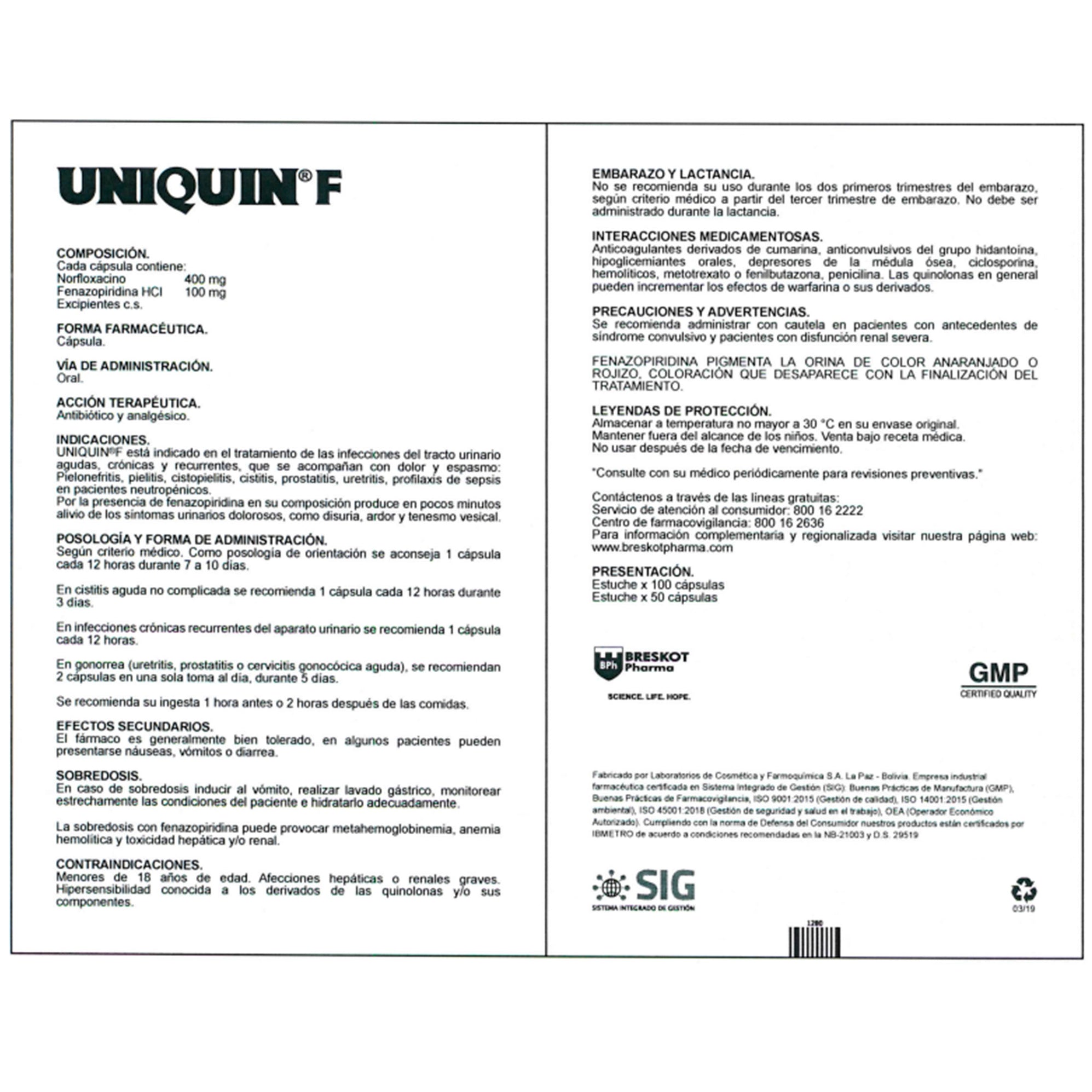 Uniquin F Norfloxacina 400Mg Y Fenazopiridina Clorhidrato 100Mg X Caps ...