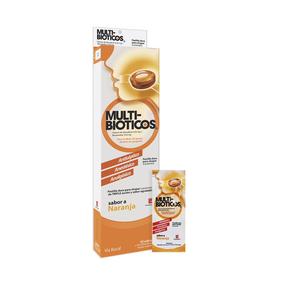 Pastillas Multibioticos Benzocaina Decualino Sabor Naranja X Sobre ...