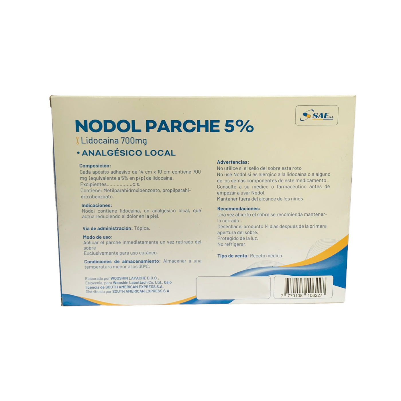 Nodol Lidocaína 5% Caja X 1 Sobre Con 5 Parches— Farmacorp